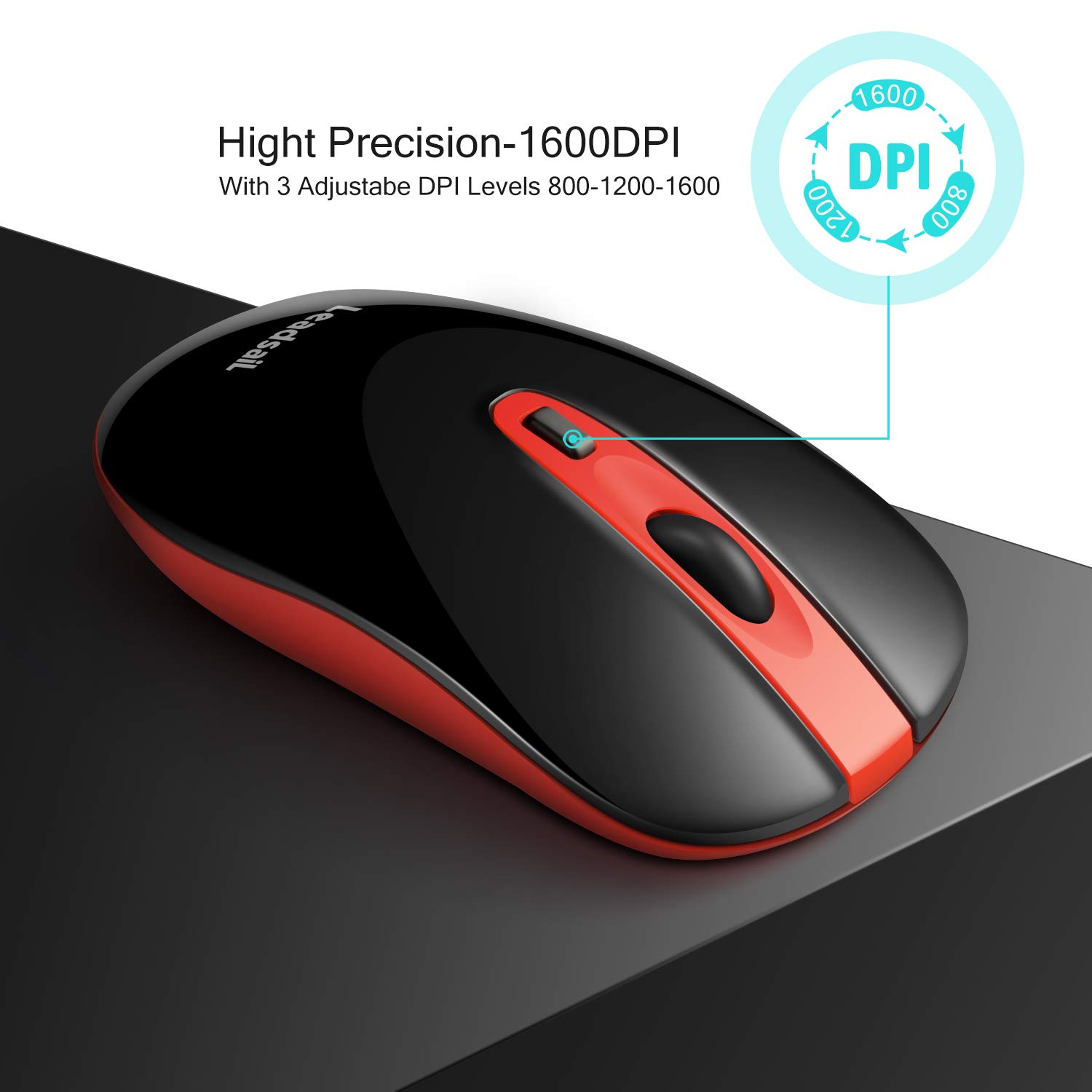 LeadsaiL Wireless Computer Mouse, 2.4G Portable Slim USB Mouse, Silent Click Cordless Mouse 3 Adjustable Levels, 4 Buttons Laptop Mouse for Windows Mac PC Notebook