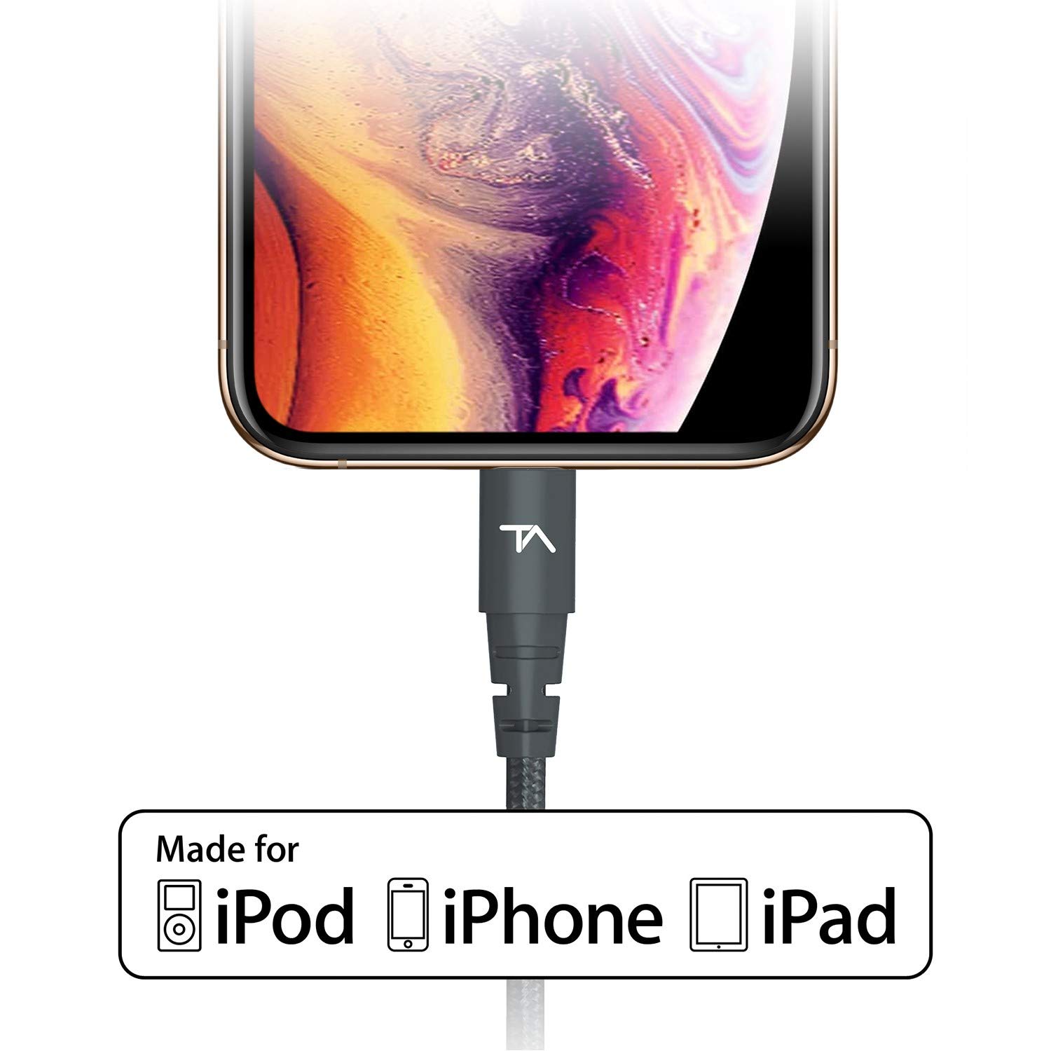 Tech Armor Apple MFi Certified Lightning Cable to USB A - 2FT Space Grey - Tough-Braided Extra-Strong Jacket - Sync/Charge iPhone & iPad