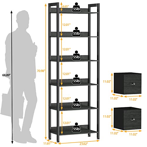 Furologee 6-Tier Bookshelf, Tall Bookcase with 2 Drawers Storage Organizer, Industrial Display Free Standing Shelf Units, Wood and Metal Storage Rack for Home Office, Bedroom, Black Oak