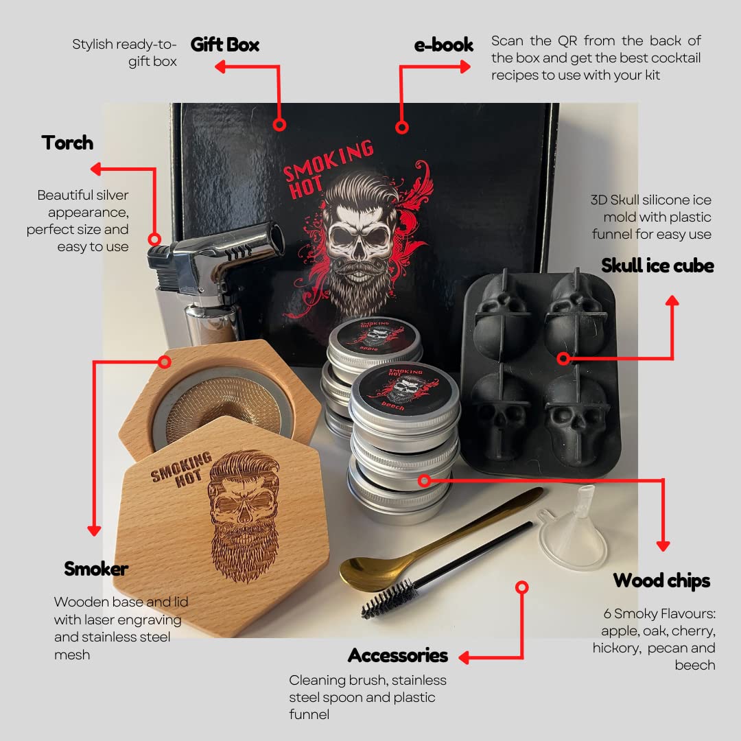 Bourbon-Old Fashioned Smoker with torch, 6 wood chips flavors, skull ice mold, e-book with 10 recipes, tea spoon and brush, in stylish box ready to gift. (Cocktail smoker kit - No butane)