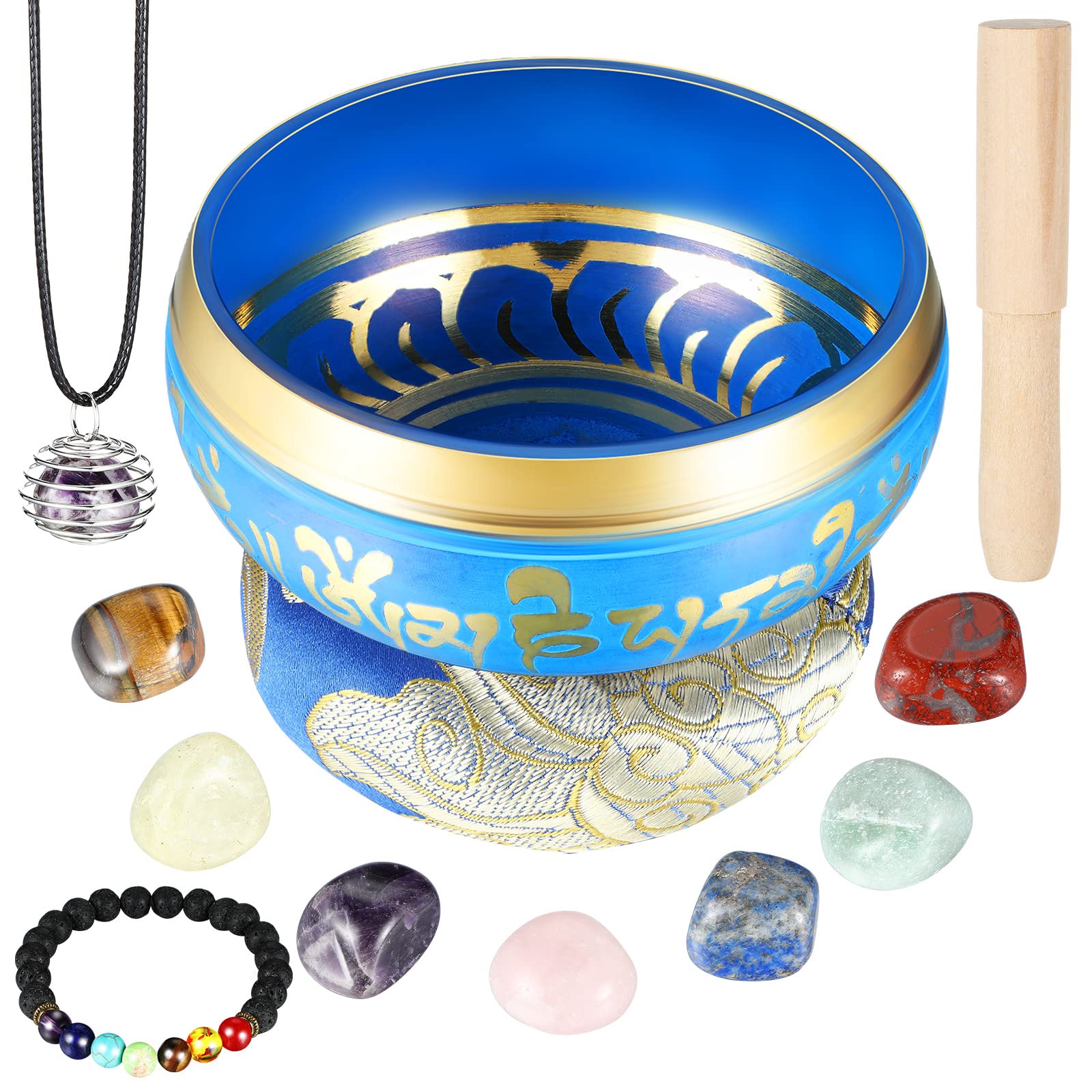 BBTO Tibetan Singing Bowls Set for Healing 3.4 Inch Meditation Sound Bowl with 7 Pcs Chakra Crystal Stones Mallet Cushion Chakra Bracelet Pendant for Yoga Mindfulness Spiritual Healing