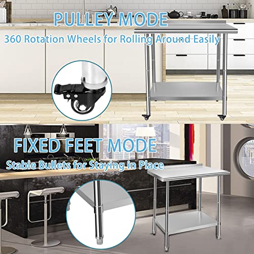 Lafati Stainless Steel Food Prep Table - 24x30 Commercial Work Table Heavy Duty with Casters, Backsplash, Adjustable Undershelf for Restaurant, Kitchen, Hotel, Warehouse (24 * 30 * 34)