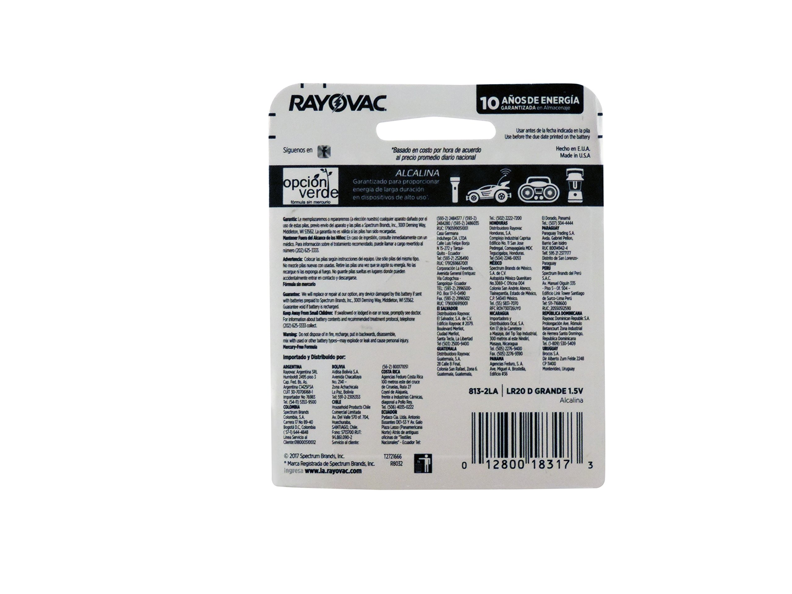 Rayovac D Alkaline Batteries, 813-2F, 2 Pack
