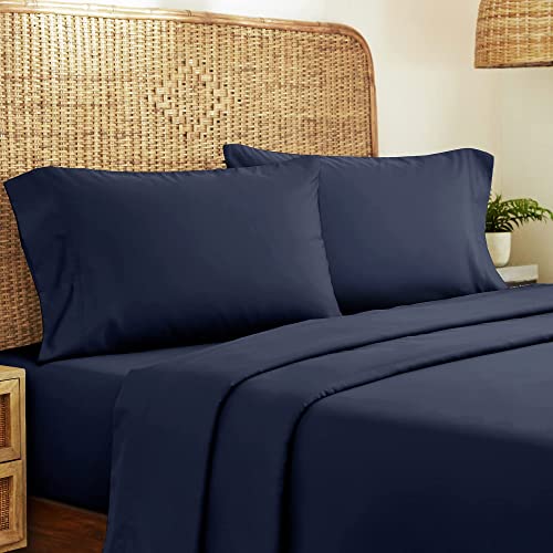 California Design Den Luxury Cotton Sheets for Queen Size Bed, GOTS Certified - Percale Sheets Queen - Soft Cooling Sheets - Deep Pockets - 4 Pc Organic Cotton Queen Size Sheet Set, Navy Blue Sheets