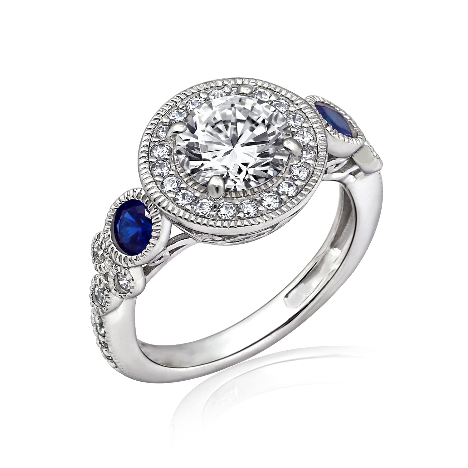 Amazon Essentials Platinum-Plated Sterling Silver Infinite Elements Cubic Zirconia Antique Round-Cut and Created Sapphire Ring size 6, (previously Amazon Collection)