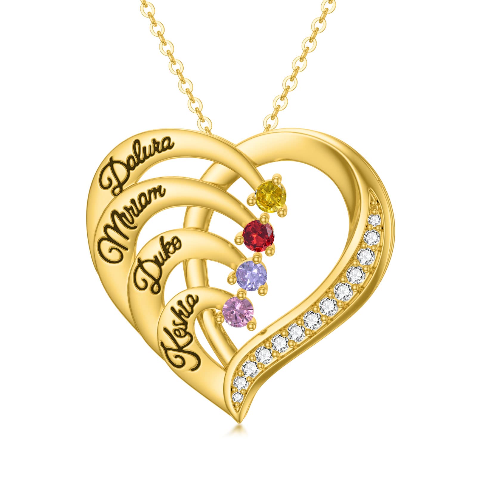 MRENITE 10K/14K/18K Solid Gold Personalized Mom Necklace with 4 Birthstone Name Heart Necklace Engraved 4 Names for Mom Wife