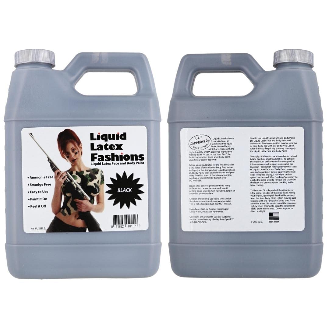 Black 32 Oz - Liquid Latex Body Paint, Ammonia Free No Odor, Easy On and Off, Cosplay Makeup, Creates Professional Monster, Zombie Arts
