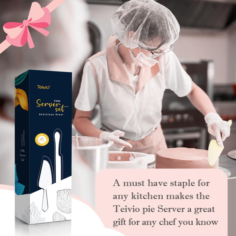 Teivio Cake Cutting Set (2 Pieces), Stainless Steel Wedding Cake Knife and Server Spatula, Cake & Pie Serving Set for Birthday, Wedding, Parties, Thanksgiving (Gold)