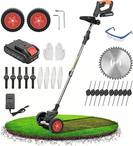 FEETE Weed Wacker, 21V 2Ah 3-in-1 Li-Ion Cordless String Trimmer w/3 Types Blade, Lightweight Battery Powered Folding String Trimmers, Adjustable Weed Eater for Garden and Yard (Black 21V Battery)