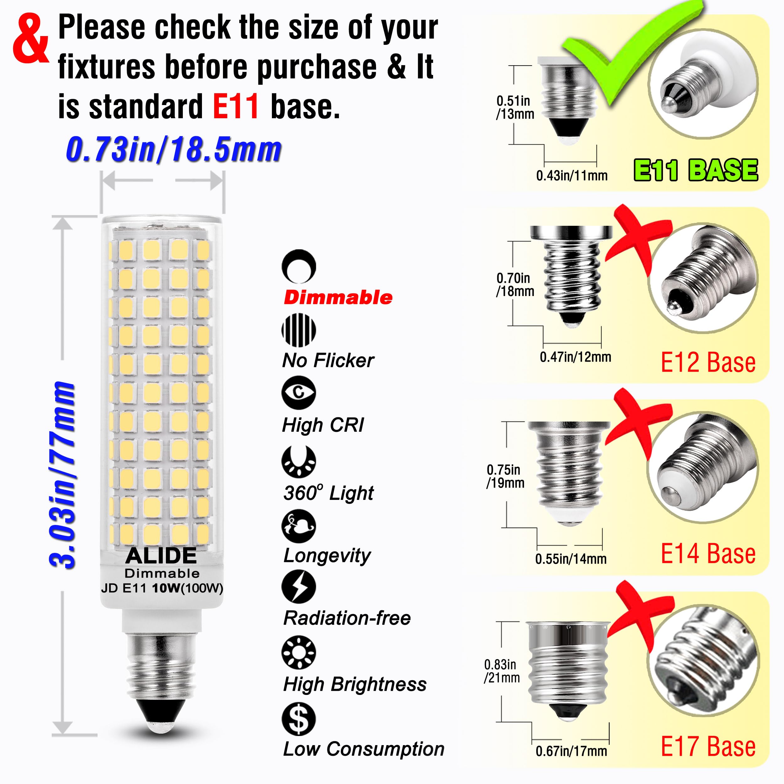 E11 Led Bulbs 120V 100W Halogen Candelabra Bulbs Equiva Dimmable,T3 T4 Mini Base JDE11 Bulb,6000K Daylight Cool White 10W 1000LM E11 for Chandeliers,Candelabra,Ceiling Fan ,Cabinet Lighting,5Pack
