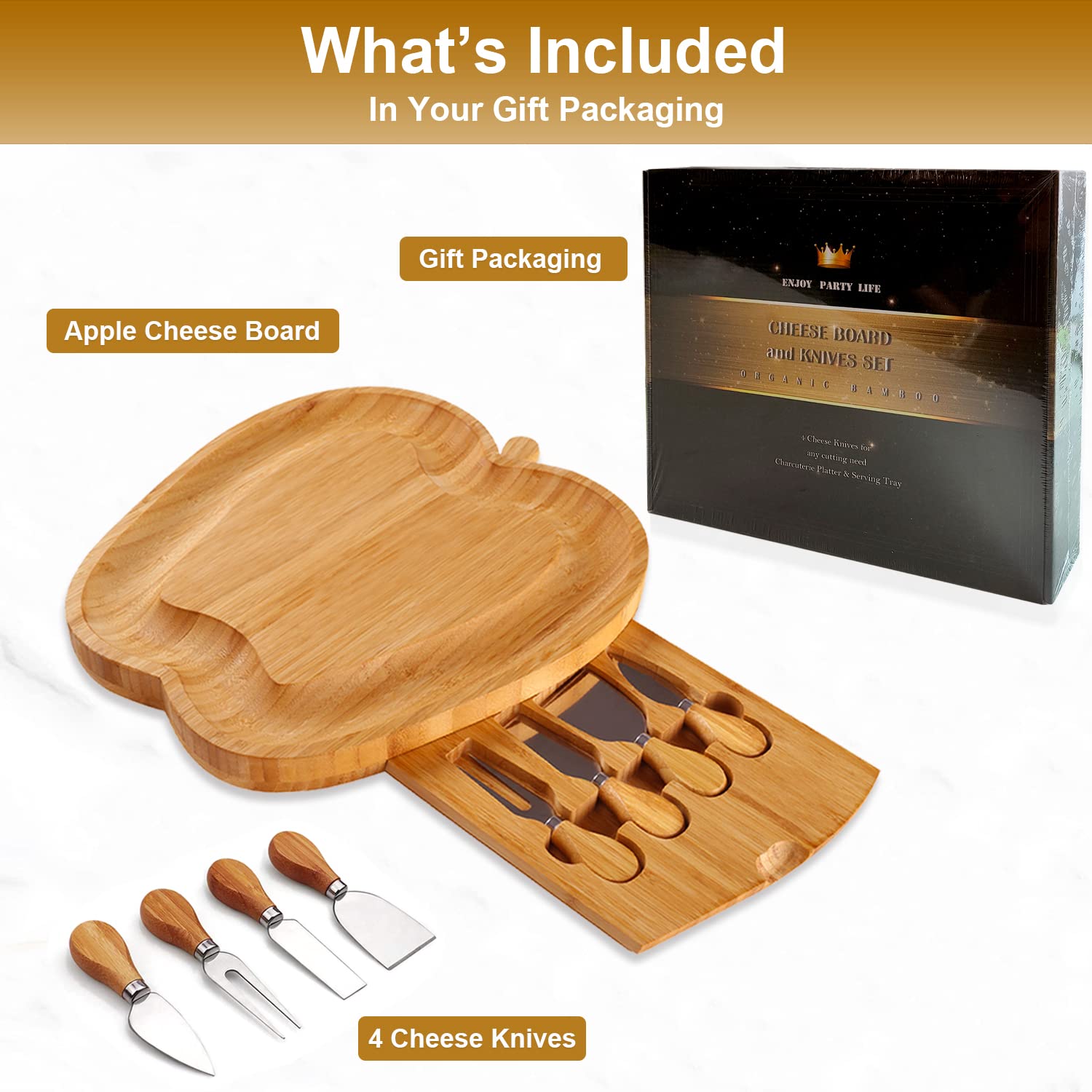 BOWEN EZ Bamboo Cheese Board with Knife Set, Large Charcuterie Boards for Kitchen Party, Apple Shaped Cheese Platter, Gift for Christmas, Housewarming, Hallows, New Years, Weddings