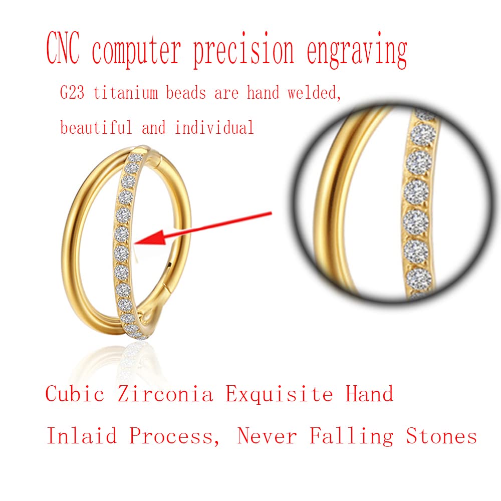 BCBODYG23 Titanium Daith Earring Hoop Solid G23 Cartilage Tragus Helix Rings 16G 2 Rows Apart Nose Ring Conch Piercing Jewelry, 8 mm, Titanium, artificial cubic zirconia