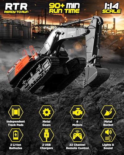LAEGENDARY RC Excavator - Remote Control Excavator - Electric, Hobby-Grade Construction Vehicles - 1:14 Scale, Black - Red