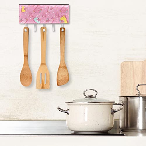 Cute Pink Unicorn Eatting Ice Cream Pattern Rack Organizer with 5 Hooks Wall Bathroom Kitchen Shelf Rack Multifunctional Storage Shelf