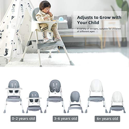 KESAIH High Chair, Height Adjustable High Chairs for Babies and Toddler with Easy-Clean Pu Cushion, Removable Tray, Adjustable Feet, 5 Point Safety Harness, Modern Toddler High Chair (Grey)1