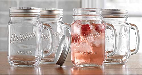 Mason Jar 16 Oz. Glass Mugs with Handle and Lid Set Of 4 - Home Essentials & Beyond - Old Fashioned Drinking Glass Bottles Original Mason Jar Pint Sized Cup Set.