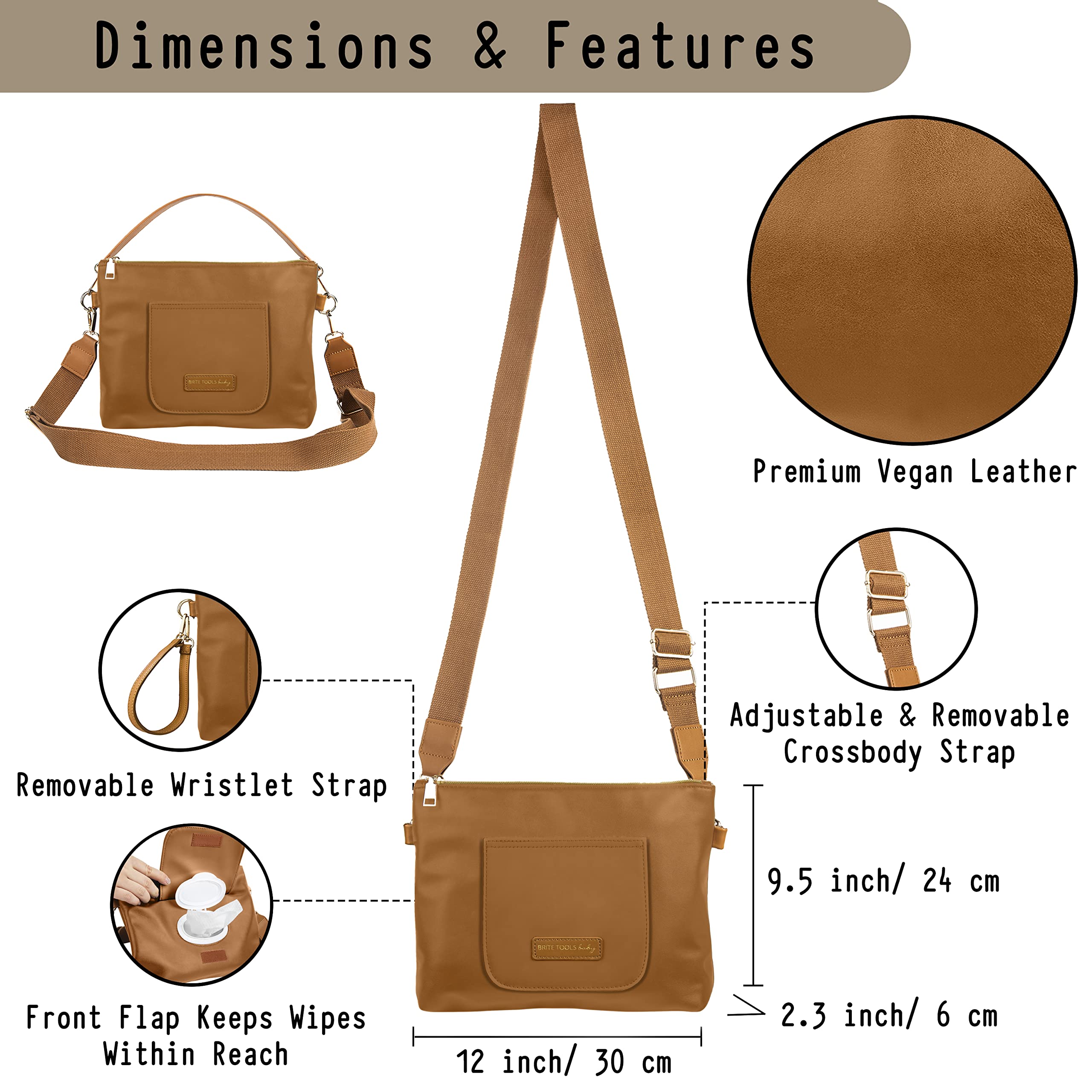 Brite Tools Leather Crossbody Diaper Clutch Bag Refillable Wipes Holder Dispenser Small Crossbody Wristlet Designer Purse (Brown)