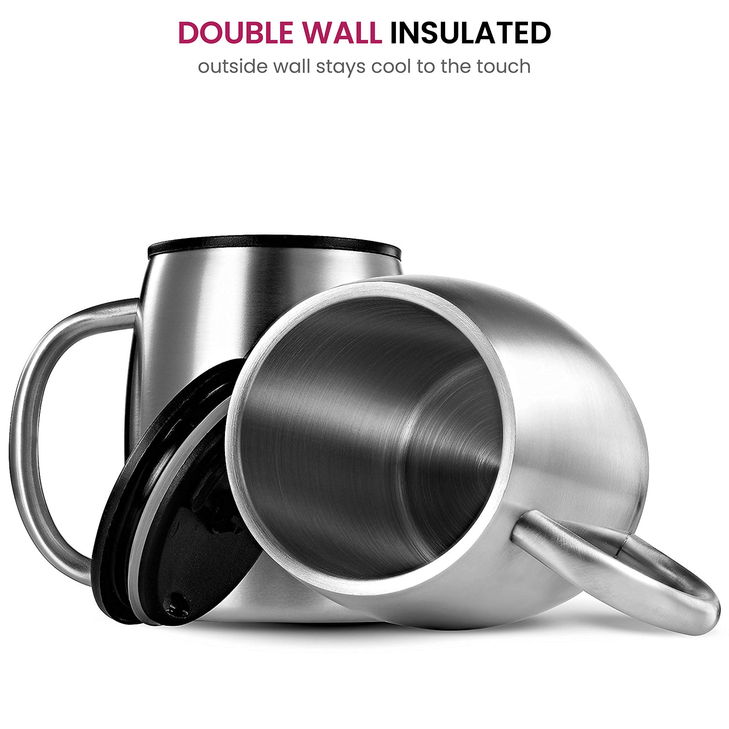 FineDine Insulated Stainless-Steel Coffee Mug with Lid and Handle (2 Pk) 14 oz - BPA-Free Spillproof Lid, Double-Wall Camping Travel Coffee Mugs, White/Black