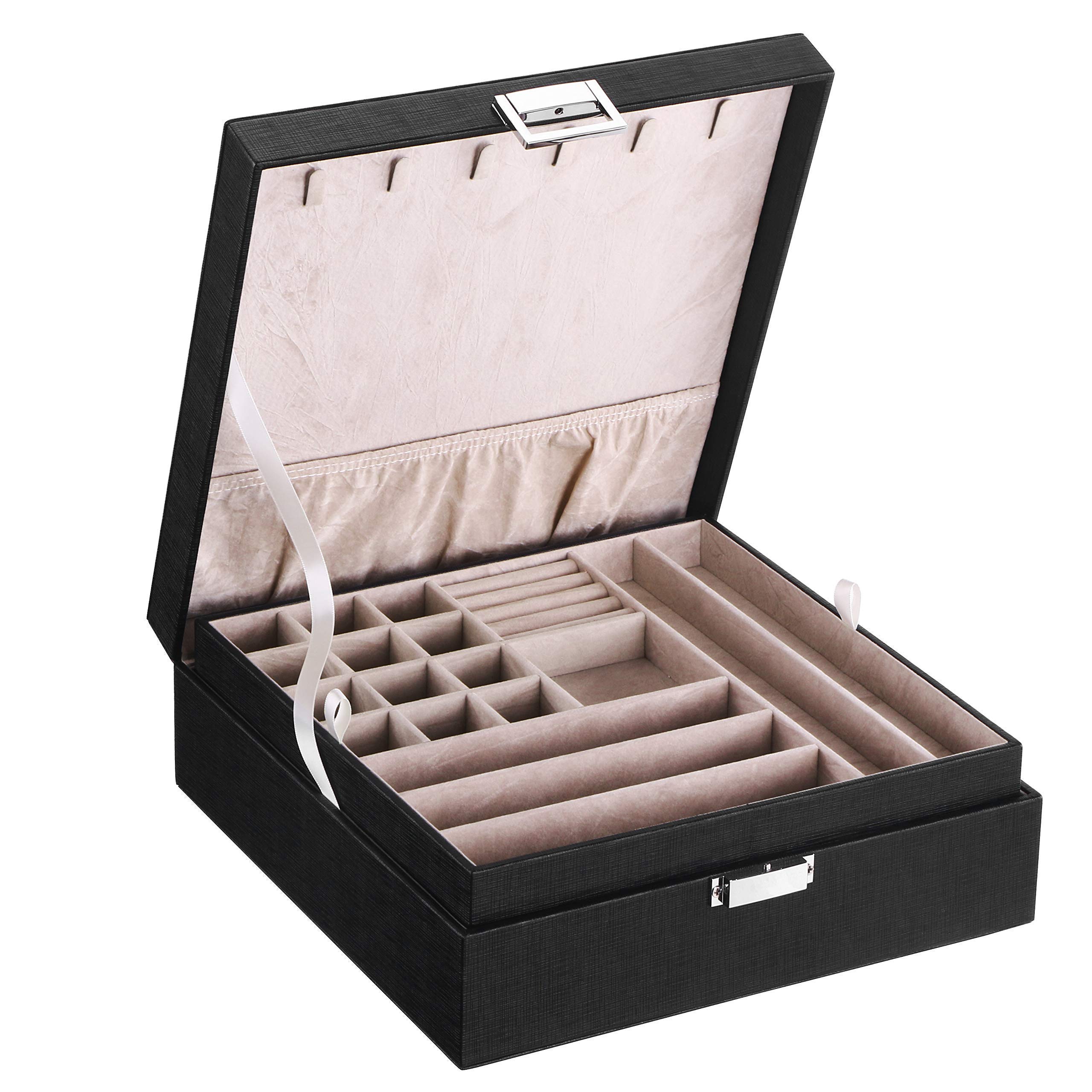 BEWISHOME Jewelry Box Organizer 40 Section Display Tray Jewelry Box for Women 35 Compartments Jewelry Organizer Black