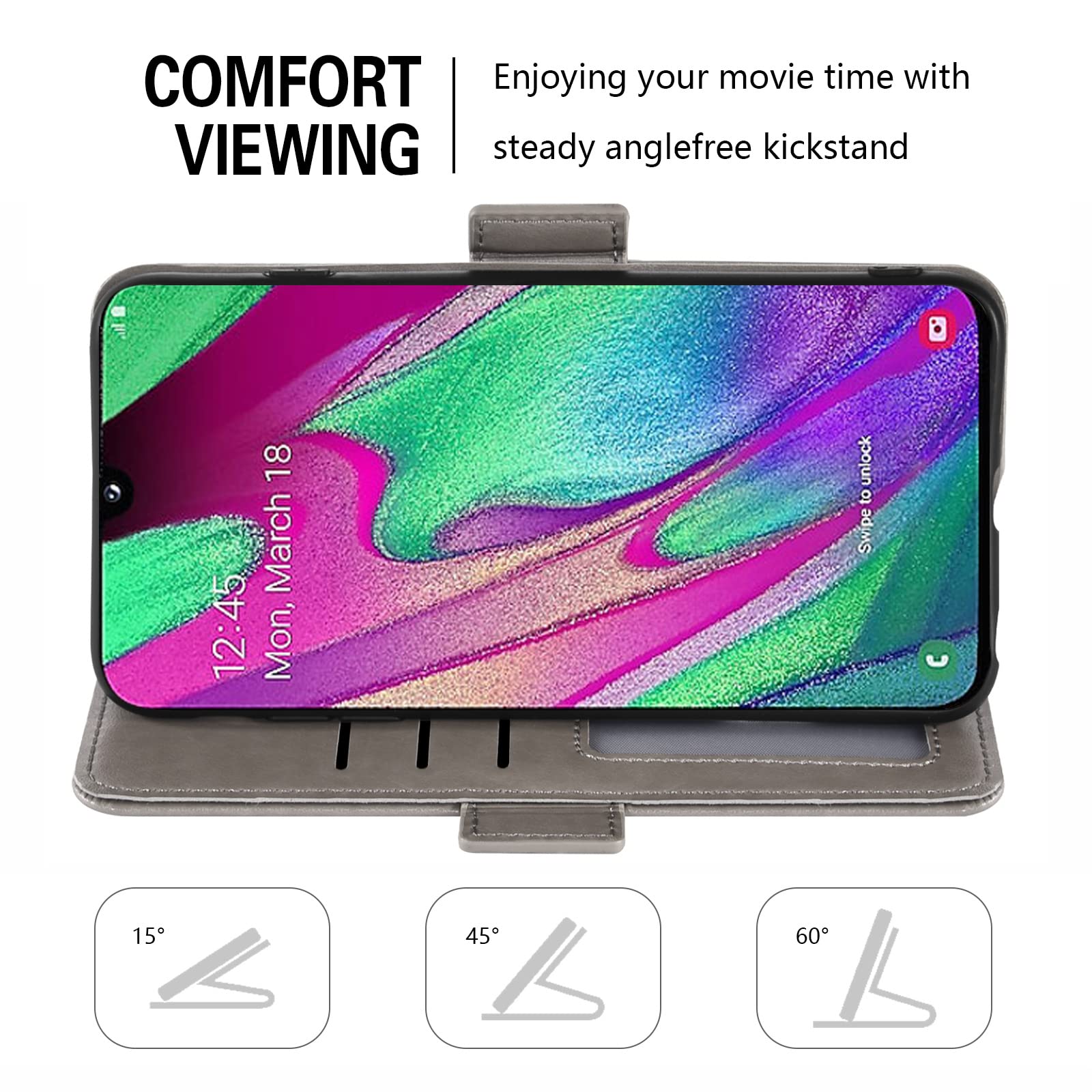 Asuwish Compatible with Samsung Galaxy A40 Wallet Case and Tempered Glass Screen Protector Flip Purse Accessories Wrist Strap Card Holder Cell Phone Cover for Glaxay A 40 Gaxaly 40A Women Men Gray
