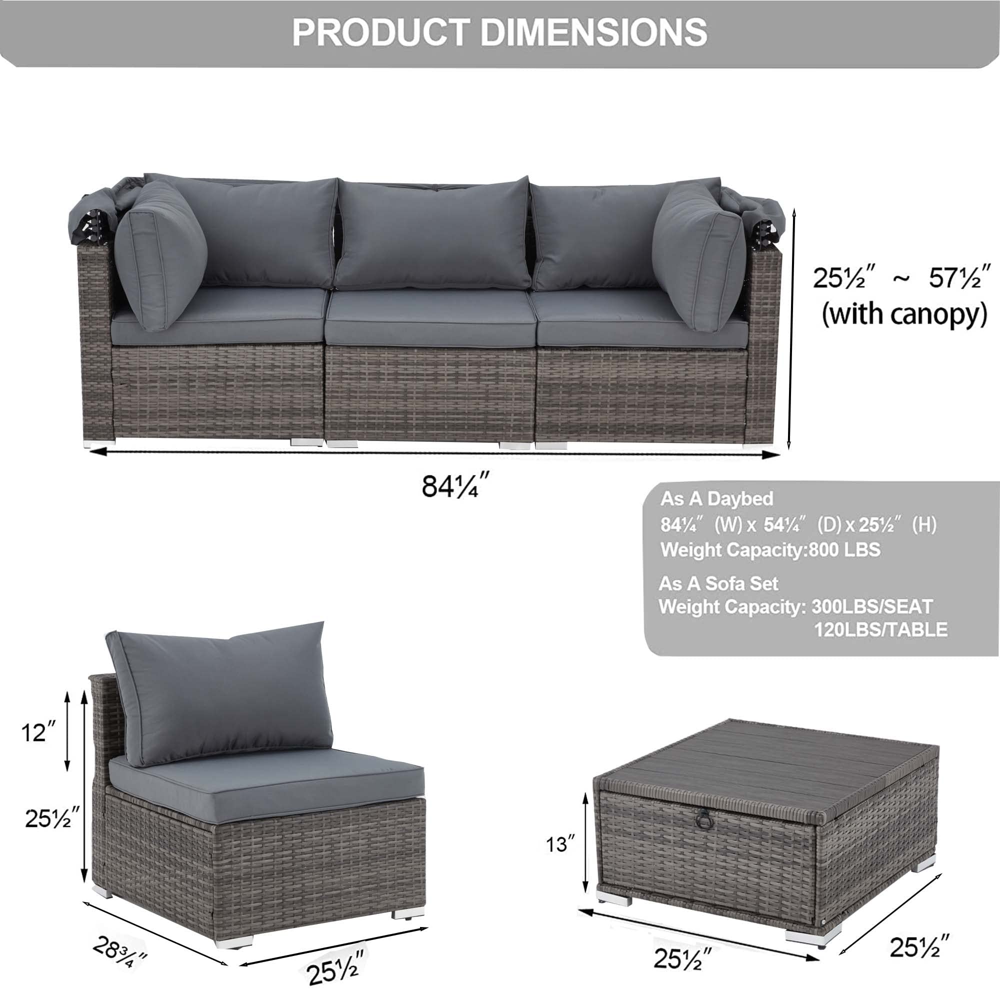 HOMREST 6 Pieces Patio Furniture Sets, Rattan Daybed with Retractable Canopy, Outdoor Sectional Sofa Set with Adjustable Backrest, Chaise Chair Sunbed for Garden Poolside Backyard(Grey)