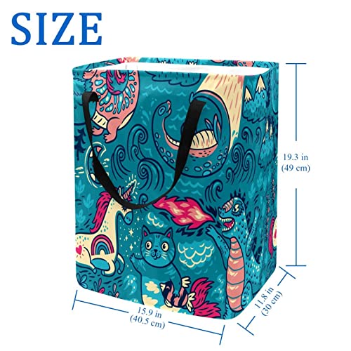 Dinosaur Sloth Unicorn and Cat Print Collapsible Laundry Hamper, 60L Waterproof Laundry Baskets Washing Bin Clothes Toys Storage for Dorm Bathroom Bedroom