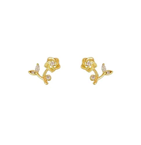 Cute Rose Flower Stud Earrings for Women Teen Girls 925 Sterling Silver Cubic Zirconia Cartilage Tiny Small Studs Earring Dainty Jewerly Birthday Gifts Hypoallergenic (Gold)