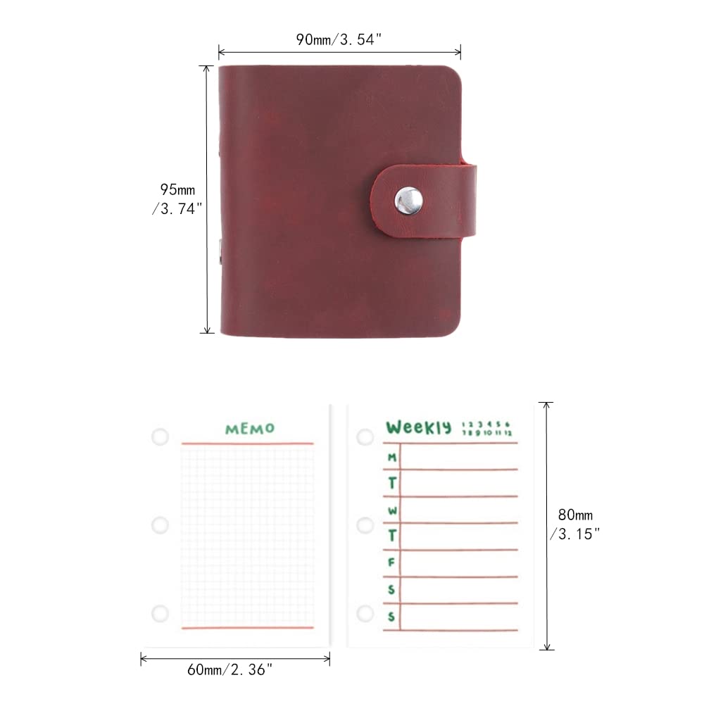 AxeWoodz A9 Genuine Leather Journal, Red Handmade Cowhide Pocket Size Binder Planner, Mini Vintage Leather Planner, 120 Sheets Pages, Loose Leaf 3-Ring with Snap Button Closure (Red)