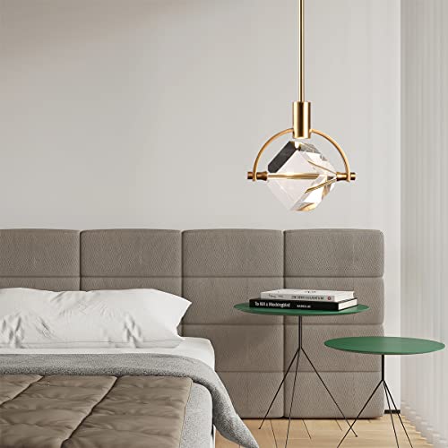 Camastar Brass Pendant Light, Cube Crystal Pendant Light Fixture for Kitchen Island, Modern Small Pendant Ceiling Dimmable Light for Dining Room, Vanity Pendant Haging Light for Bedroom