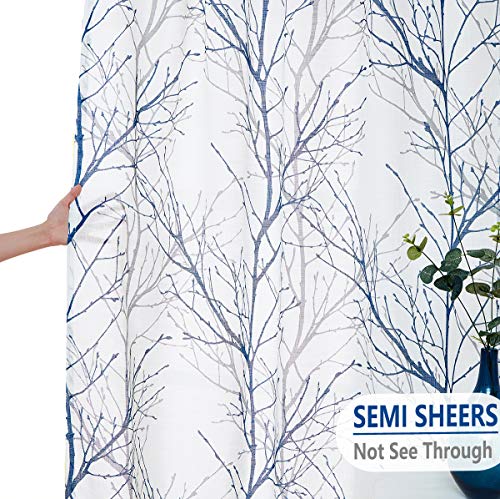 FMFUNCTEX Print Blue White Semi-Sheer Curtain Panels for Bedroom 63β Grey Tree Branch Printing on Linen Textured Window Treatment Set for Living Room Draperies 50βw 2-Pack