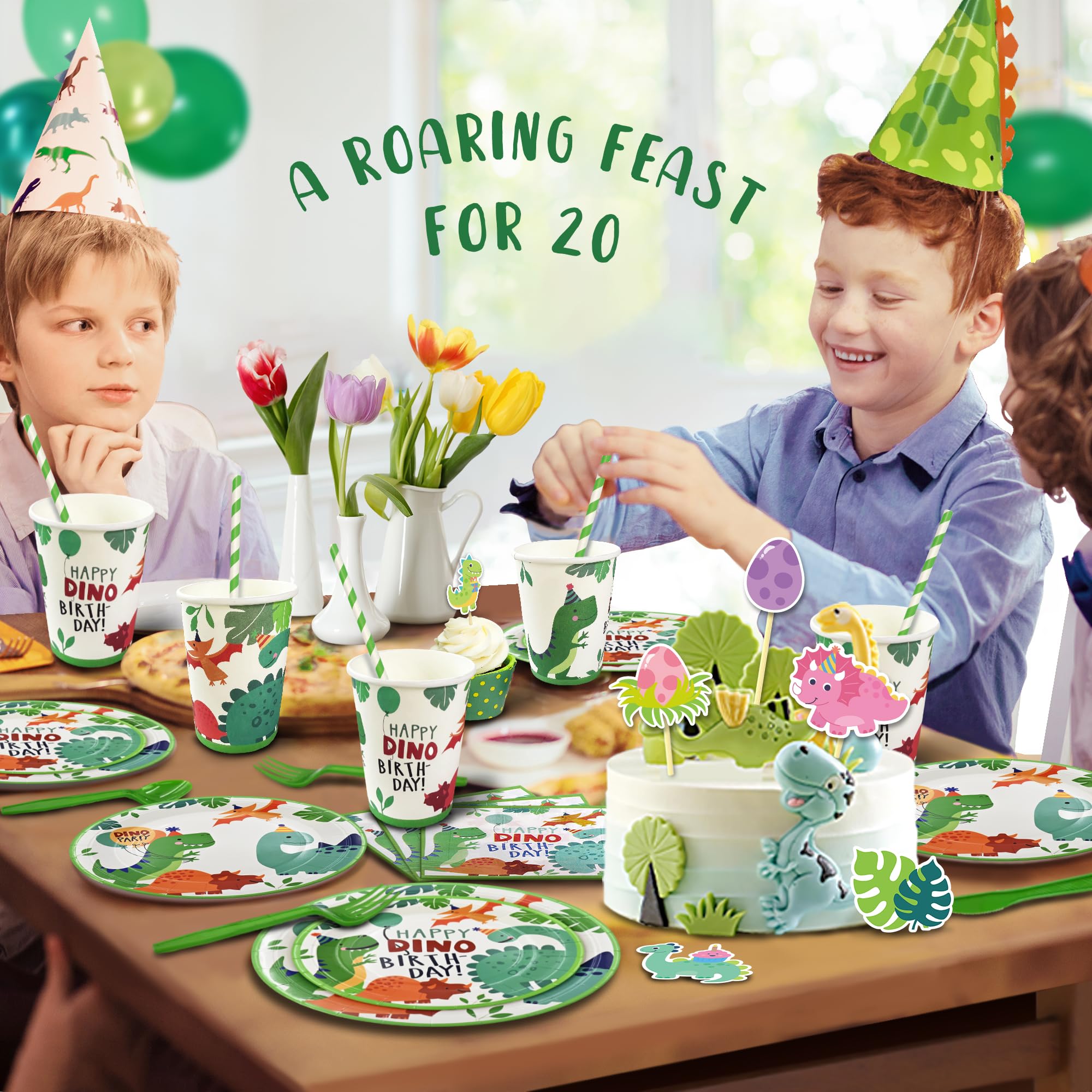 Party Spot! 260 Pcs Dinosaur Birthday Decorations, 20 Tableware Sets, Dinosaur Foil Balloons, Sticker, Banner, Dinosaur Paper Plates, Cups, Balloon Pump, Dinosaur Party Decorations