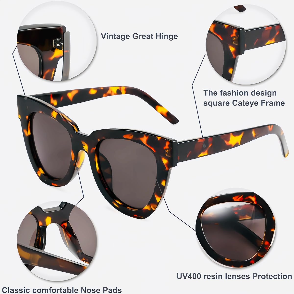 Ayaoch Women Lady Retro Cat Eye Sunglasses Designer Square Frame Eyeglass Shades UV Protection (Tortoiseshell+Grey)