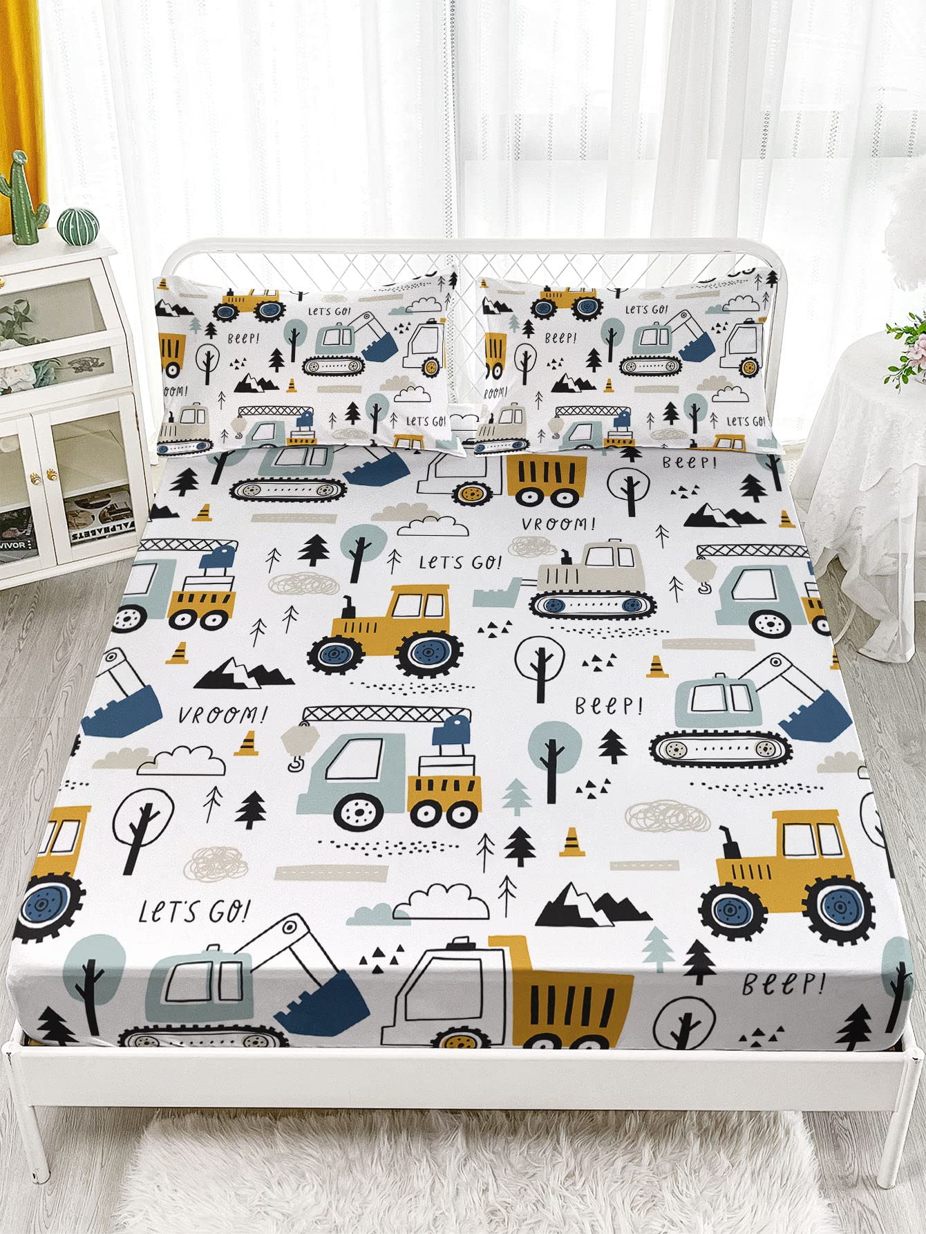 Datura home Woodland Construction Sheets Set 4Pcs for Kids,Cartoon Excavator Truck Lifter Print Sheet Set with 1 Flat Sheet and 1 Fitted Sheet + 2 Pillowcases(Woodland Construction Full)