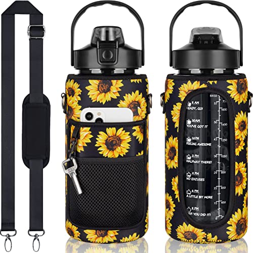 Half Gallon Water Bottle with Storage Sleeve BPA Free 64 OZ Water Bottle with Removable Straw & Time Marker to Drink Leakproof Reusable Gym Sport Water Jug Motivational Workout Water Bottle Women Men