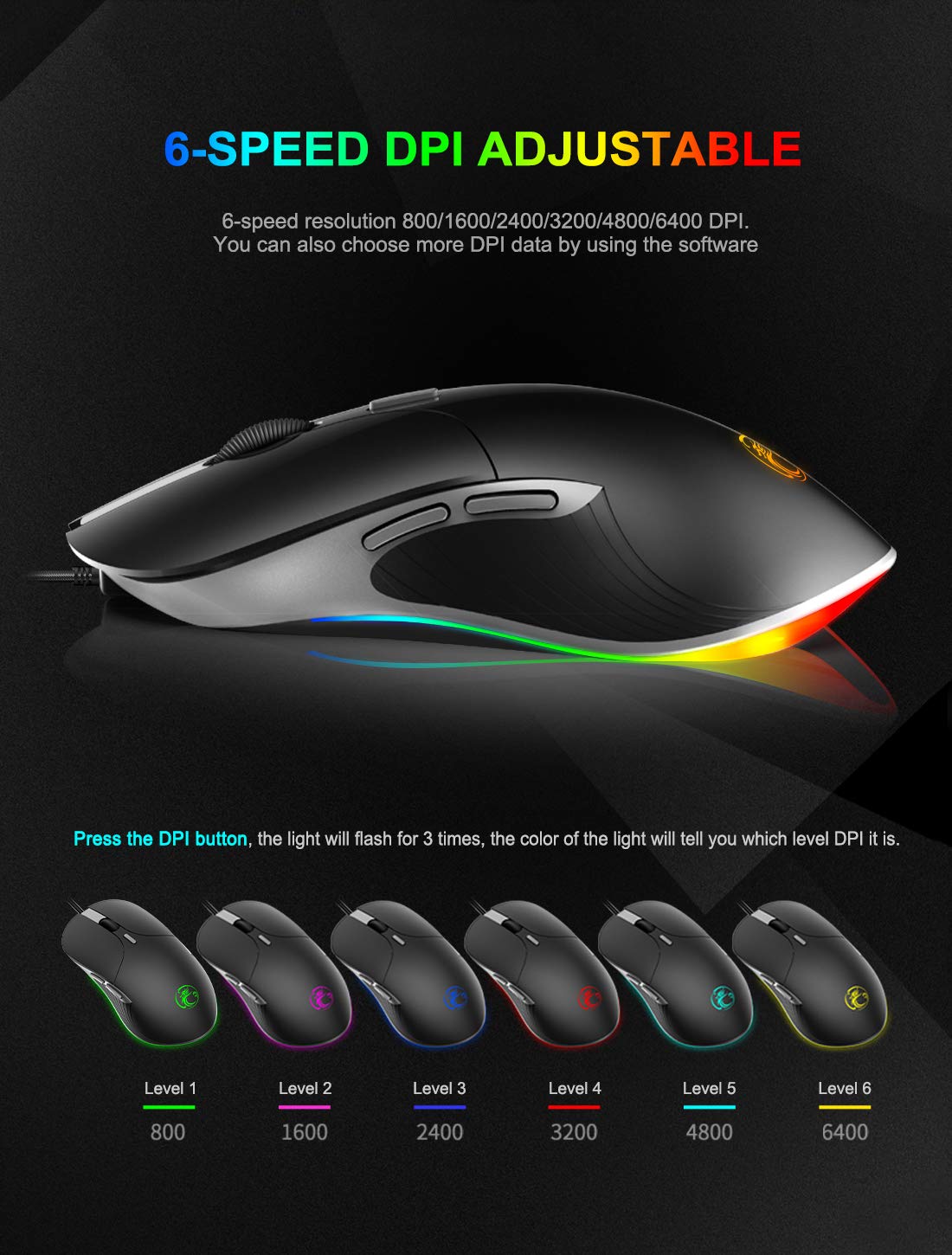 KKUYI RGB Gaming Mouse Wired, USB Computer Gaming Mice with Chroma RGB Lighting/6 DPI Levels/6 Buttons, RGB Gamer Desktop Laptop PC Gaming Mouse with 6ft Cable for Windows Xbox PS4 (Black-01)
