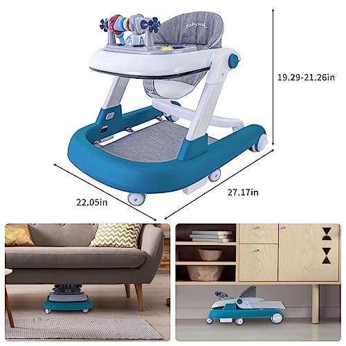 Foldable Baby Walker, 3 in 1 Toddler Walker Bouncer, Learning-Seated, Walk-Behind, Music, Adjustable Height, High Back Padded Seat, Detachable Trampoline Mat, Activity Walker with Toys (Blue)
