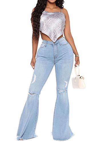 CutieLove Women's Ripped Jeans Bell Bottom Flare Jeans Mid Rise Destroyed Hem Denim Pants A-Light Blue