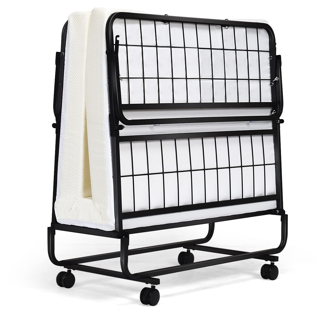 GORELAX Folding Bed with Mattress for Adults, Twin Size Small Portable Bed Set w/Metal Bed Frame & 4ā Memory Foam Mattress, Foldable Bed Sleeping Cot Bed on Lockable Wheels, Rollaway Guest Bed