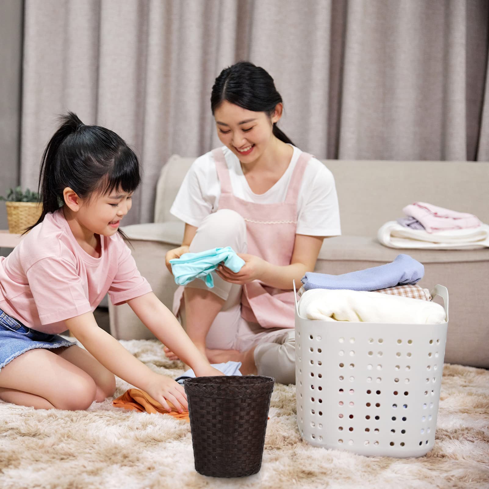 Healvian Home Decor Woven Waste Basket Paper Wicker Trash Can Round Wastebasket Garbage Bin for Bathroom Essentials Sundries Laundry Storage Basket Coffee Laundry Basket
