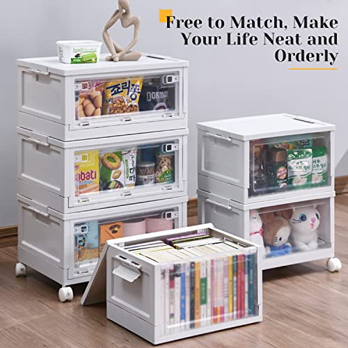 DINVES 12 Gallons Stackable Storage Bins with Attachable Wheels, 3 Pack Folding Storage Bins with Lid, Collapsible Storage Boxes, Plastic Storage Containers for Toys, Towels and Snacks