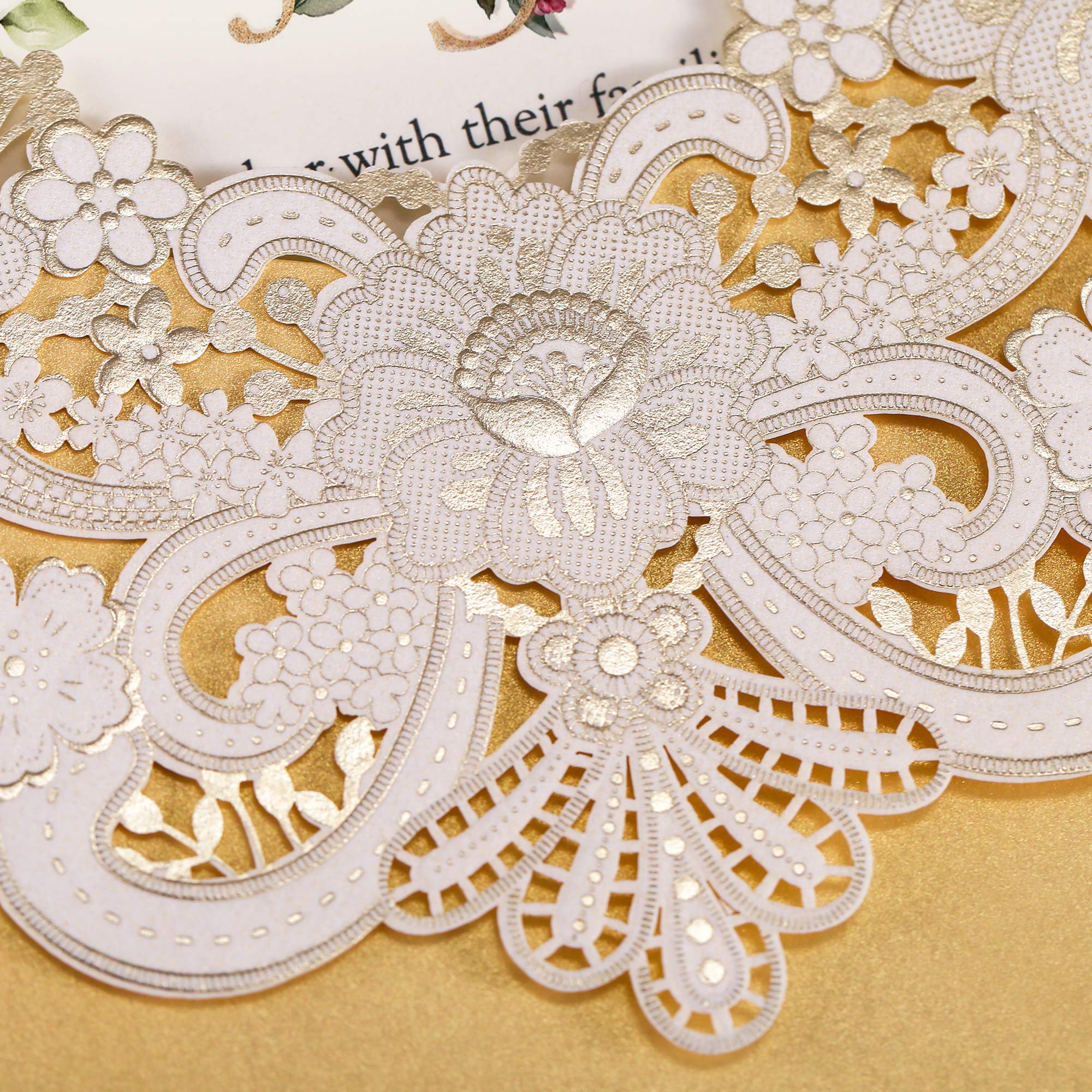 DORIS HOME 50pcs Gold BLANK Laser Cut Flora Lace invitation Cards with Envelopes for Wedding Invitations, Bridal Shower, Engagement, Birthday, Bachelorette Party, Baby Shower