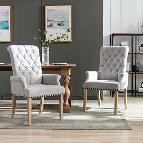 CRECQ Fabric Arm Dining Room Chair,Tufted Upholstered High Back Nailed Trim with Untique Oak Wood Legs for Kitchen Restaurant Room Bedroom(Grey Brown)