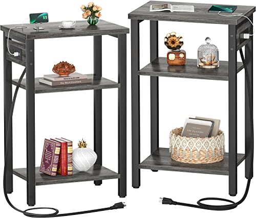 Cyclysio End Table Set of 2 with Charging Station, 3 Tier Small Nightstand with Storage Shelf, Slim Side Table with USB Ports & Outlets, Modern Sofa Bedside Table for Bedroom, Living Room, Gray Oak