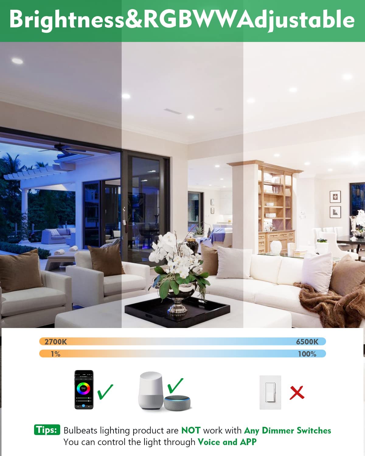 bulbeats 4Pack LED Smart Recessed Lighting 6 Inch, 2700K-6500K+RGBCW Color Changing Downlight, 12W 1200LM CRI90+ Dimmable Retrofit LED Can Light Compatible with Alexa/Google, Wet Location Rated