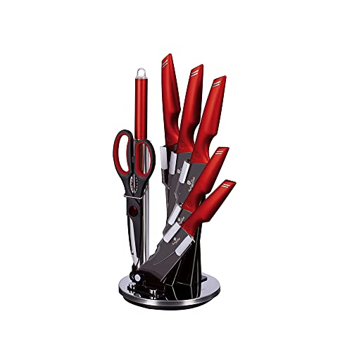 Berlinger Haus Kitchen Knife Set with Block, 8 Piece Knives Set for Kitchen, Cooking Knives with Kitchen Shears and Sharpener, Sharp Cutting Stainless Steel Chef Knife Set with Acrylic Stand, Red