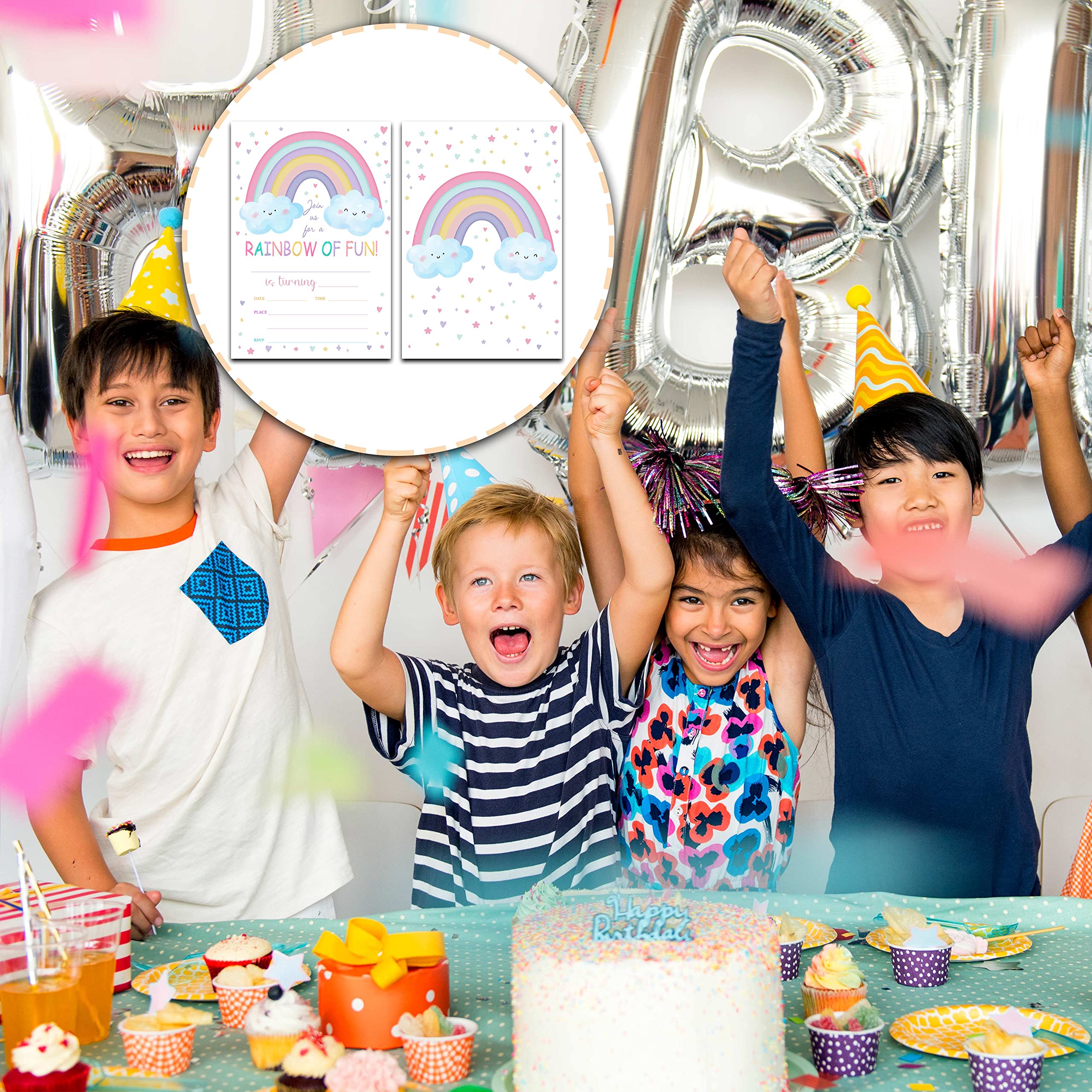 Buildinest Rainbow Birthday Party Invitations with Envelopes (20-Pack), 4"x6" Rainbow Cloud Heart Birthday Invitation Cards, Rainbow of Fun Party Invites-B31