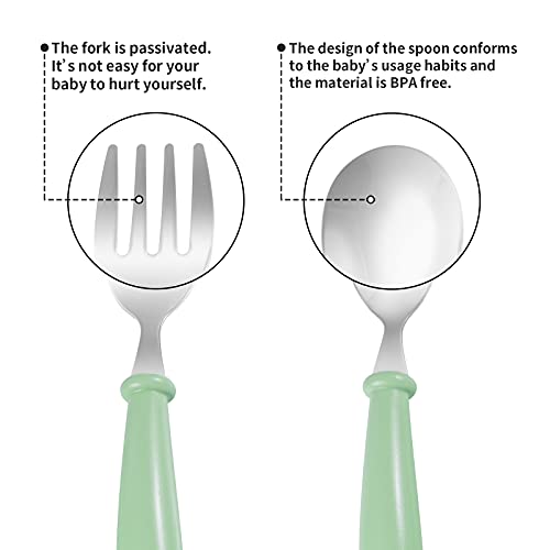 Kirecoo 4 Pieces Toddler Utensils Stainless Steel Baby Forks and Spoons Silverware Set Kids Silverware Children's Flatware Kids Cutlery Set with Travel Carrying Cases for Lunch Box (Blue&Green)