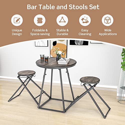 COSTWAY Bar Table and Stools Set of 3, Round Pub Bistro Table with 2 Foldable Stools, Heavy-Duty Steel Frame, Modern Table and Chairs Set for 2, Kitchen Dining Set for Apartment, Restaurant, Bar