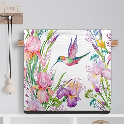 DJYQBFA Storage Basket Hummingbird Flowers Watercolor Collapsible Storage Bin with Handles Large Canvas Storage Cubes Toy Basket for Shelves Closet Nursery Cabinet Living Room Organizer 13x13x13