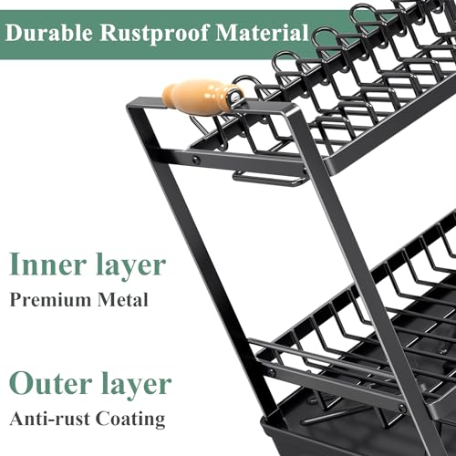 Dish Drying Rack for Kitchen Counter - 2 Tier Dish Rack with Drainboard, Stainless Steel Large Dish Drainers, Black